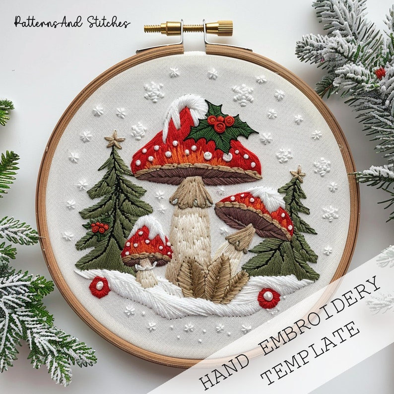 Christmas Mushroom Embroidery Template: Modern Holiday Art, Hand ...