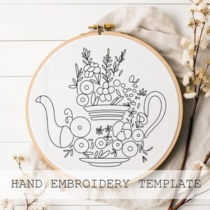 Teapot Blooms Embroidery, Floral Tea Embroidery, Teapot Floral Art ...