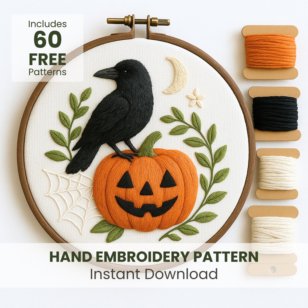 Raven Embroidery PDF Pattern: Pumpkin Hand Embroidery, Beginner ...