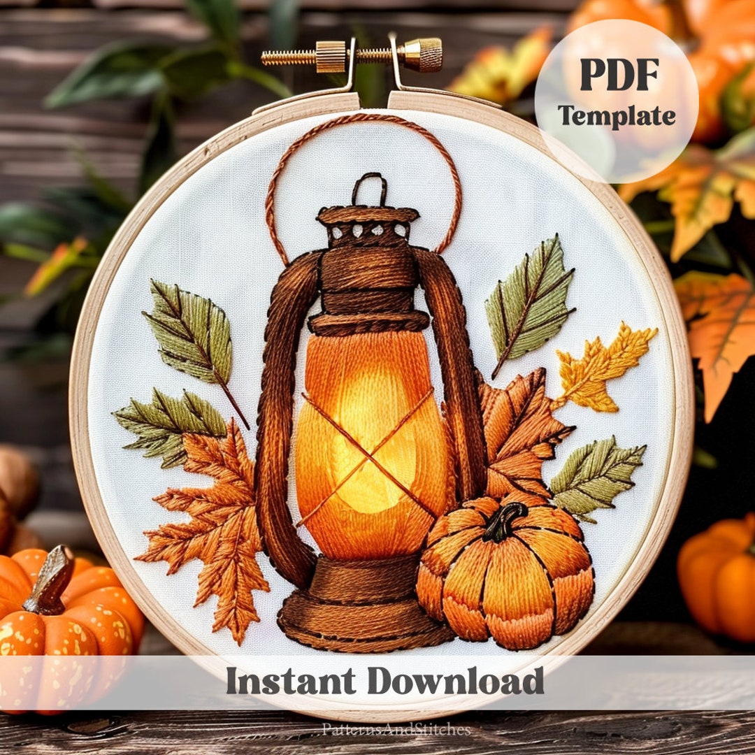 Cozy Kerosene Lamp Embroidery, Pumpkin Hand Embroidery Design, Pumpkin ...