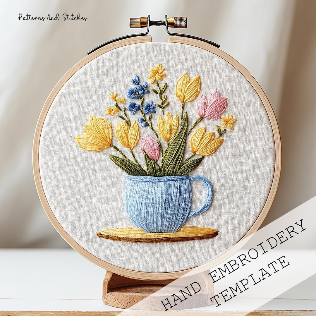 Tea Cup Embroidery Pattern, Cute Tulip Hand Embroidery Design, Floral ...