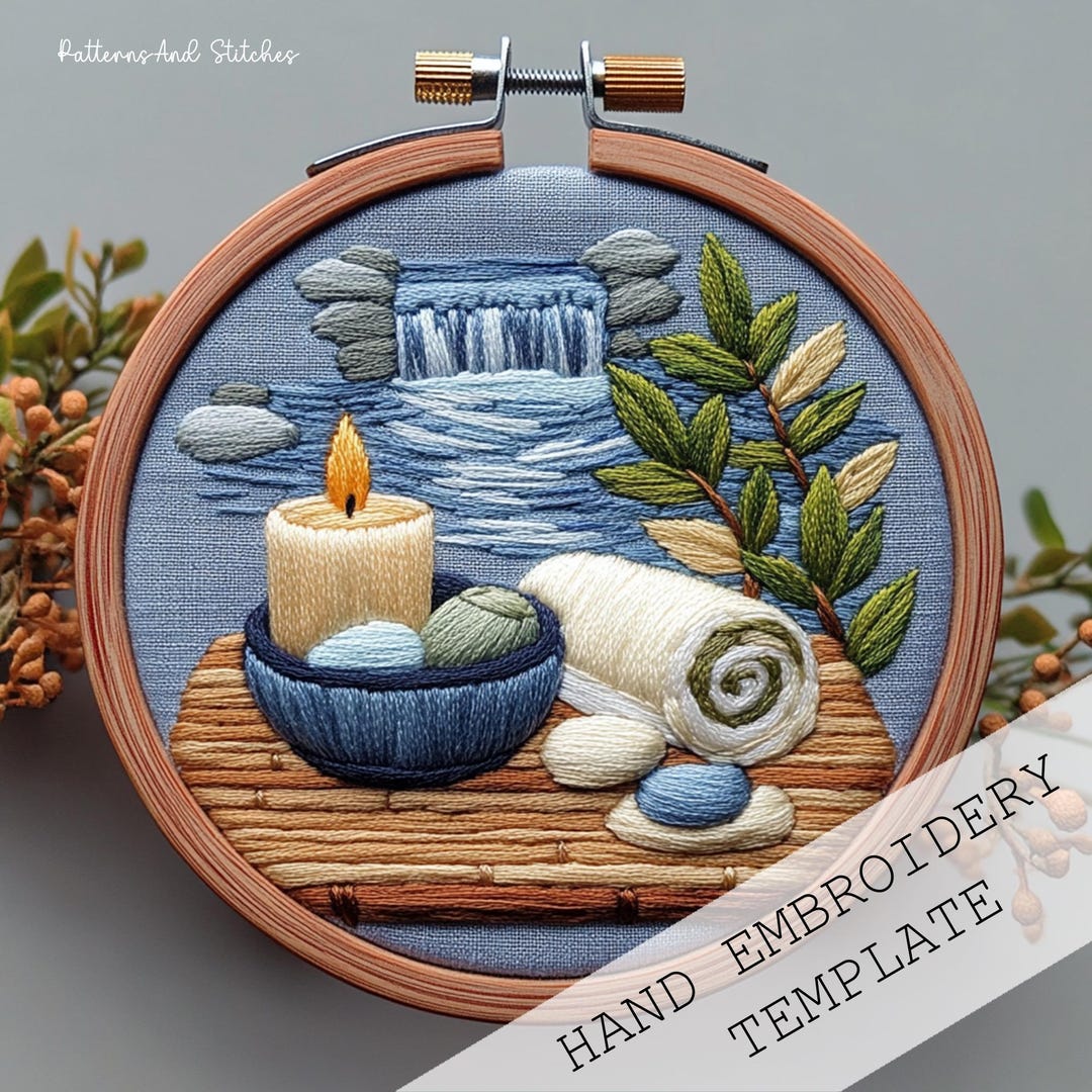 Mini Spa Embroidery Design, Tiny Relaxation Hoop Art Candle and Flowers ...