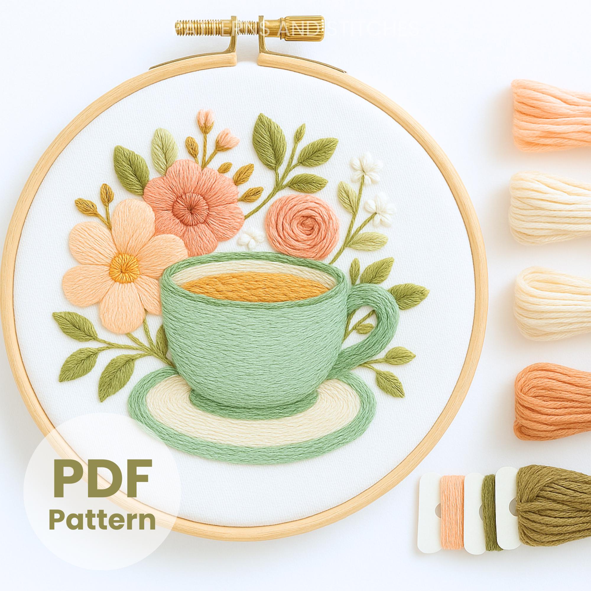 Teacup Floral Hand Embroidery Pattern, Botanical Design, DIY Craft (PDF ...