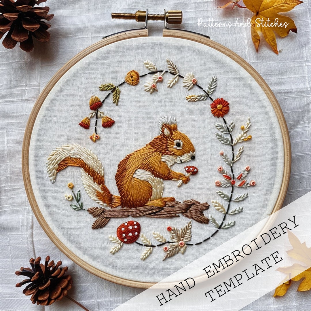 Squirrel Embroidery Template, Squirrel Needlepoint Pattern, Woodsy ...