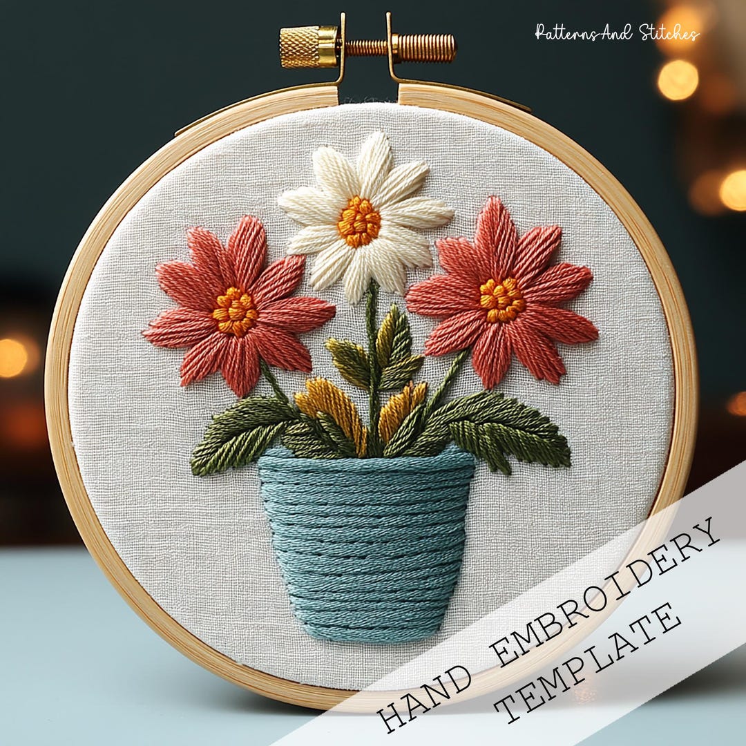 Blooming Flower Pot Embroidery Pattern, Coral Floral Hoop PDF, Modern ...