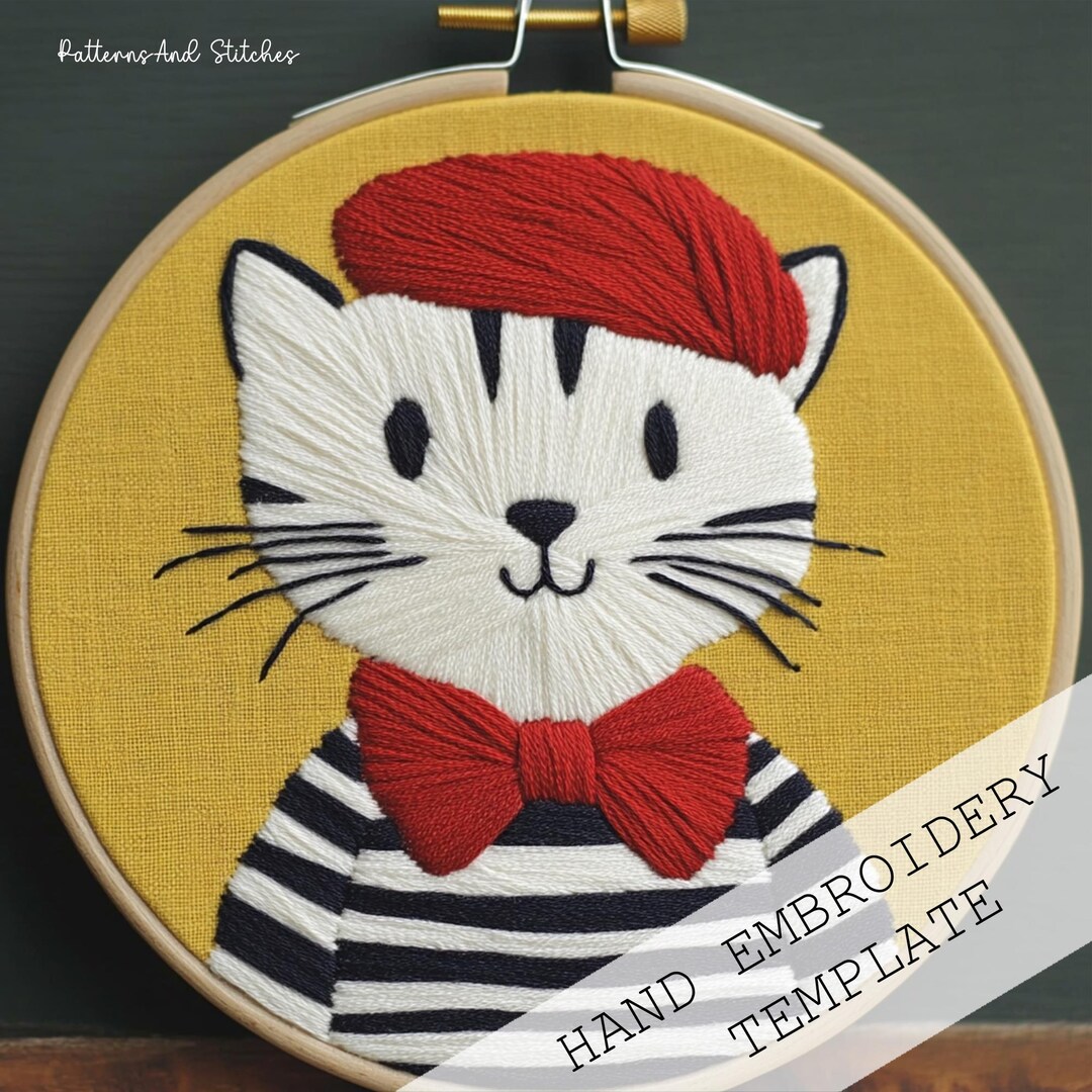 Cat Embroidery PDF Pattern, French Kitty With Bowtie, Stitch Design ...