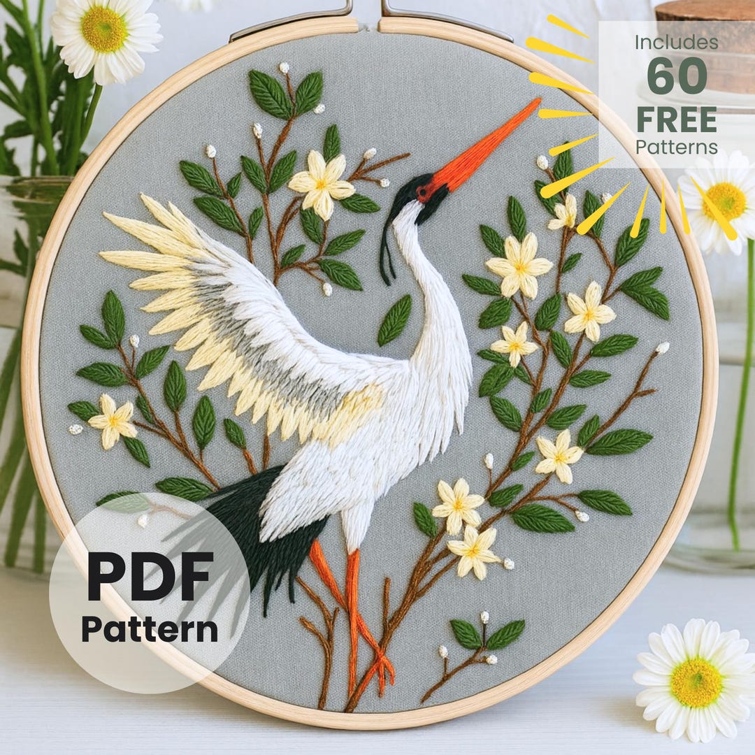 Floral Stork Hand Embroidery Pattern: Bird & Flower Design, Modern ...