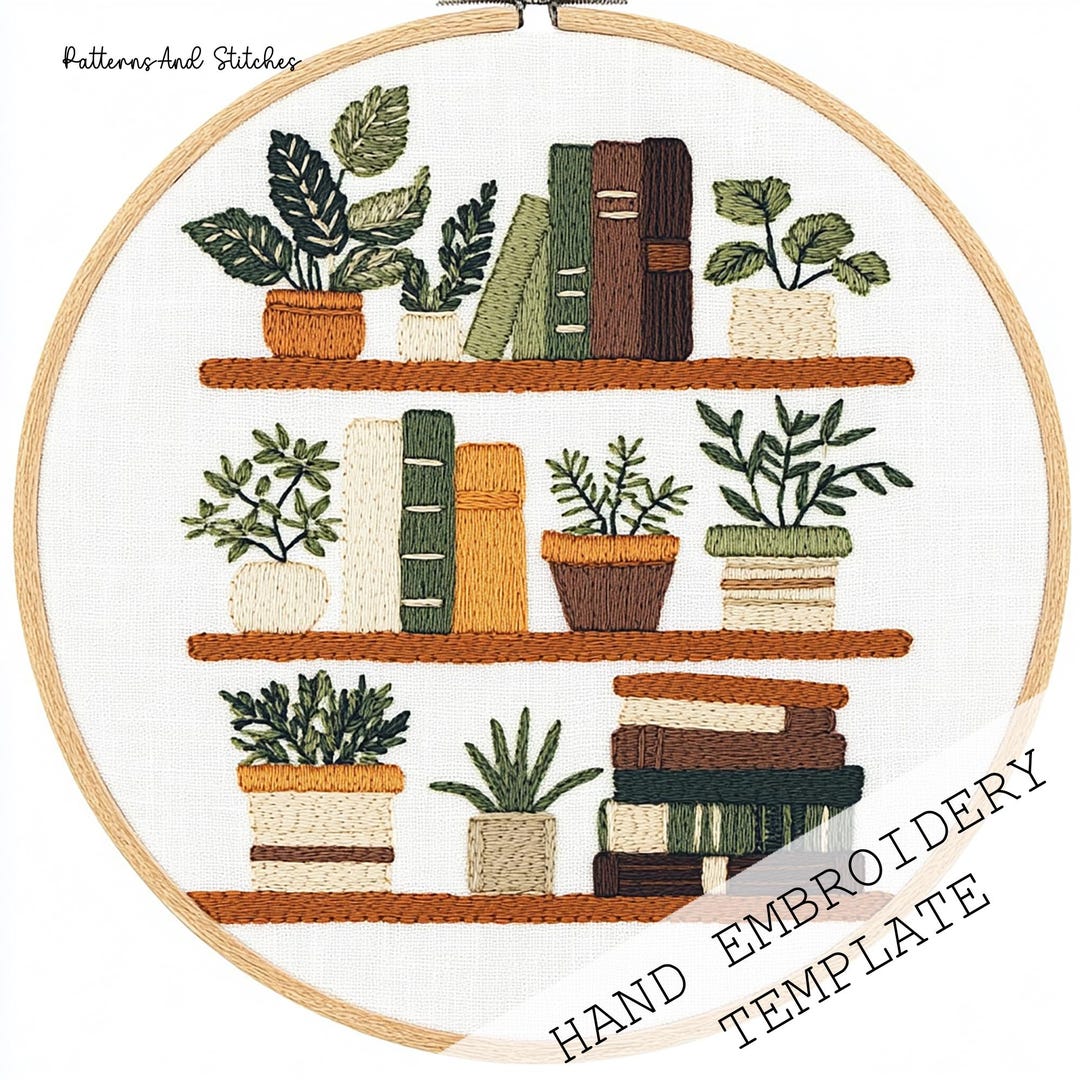 Plants Bookshelf Hand Embroidery Pattern, Book Lover Embroidery, DIY ...