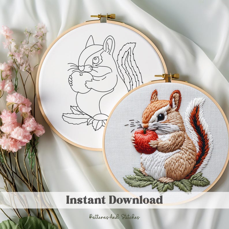 Squirrel & Apple Hand Embroidery Pattern: Woodland Autumn Design (PDF ...