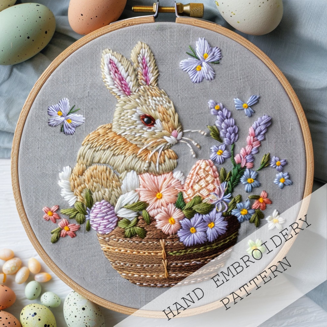 Bunny Hand Embroidery, PDF Pattern Template, Cute Botanical Rabbit ...