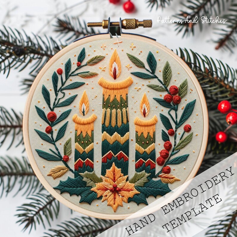 Christmas Candle Embroidery Pattern: Holiday Needlepoint Design ...
