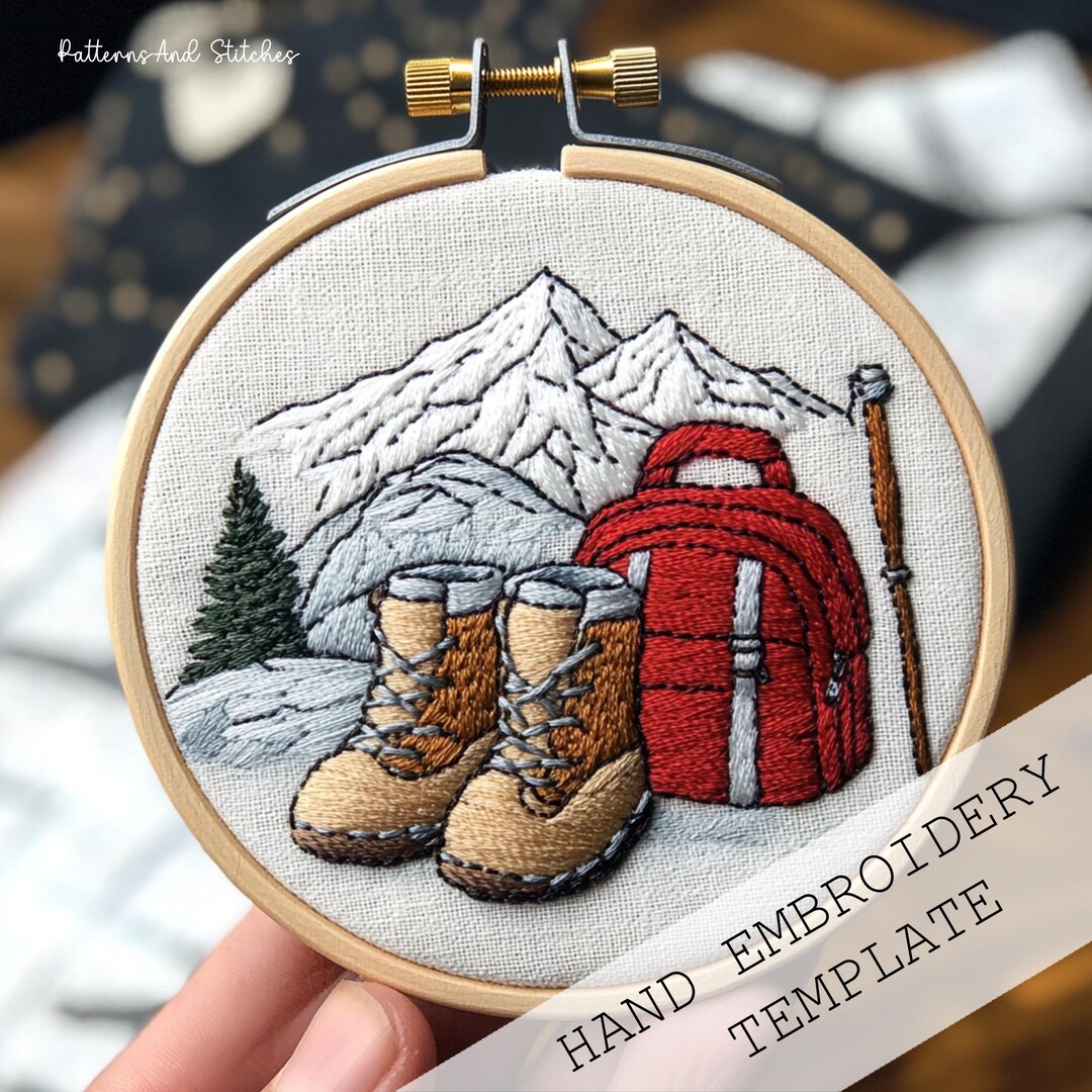Climbing Boots Hand Embroidery Pattern: Winter Mountain Scene (PDF ...