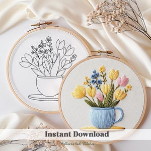 Tea Cup Embroidery Pattern, Cute Tulip Hand Embroidery Design, Floral ...