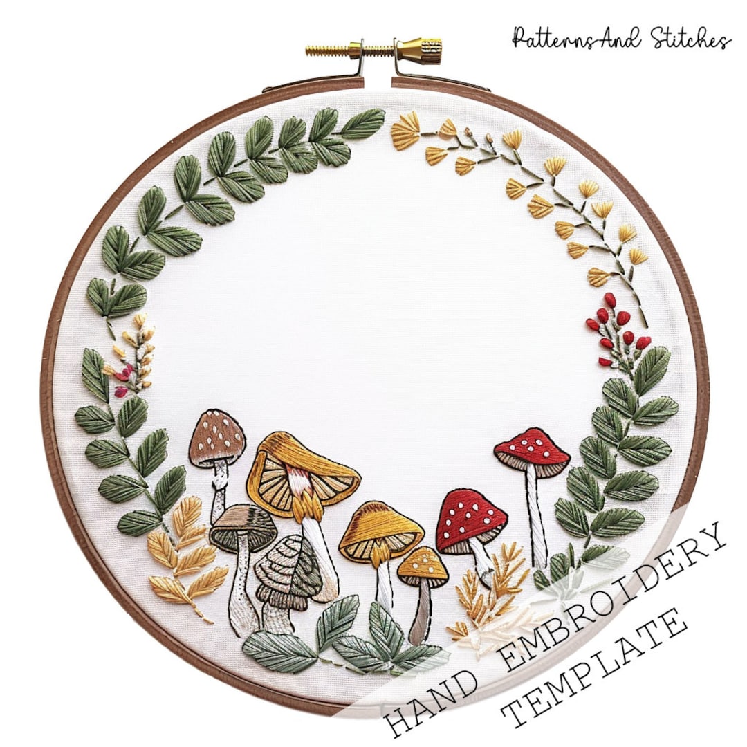 Mushrooms Wreath, Fall Foliage Embroidery Template, Needlepoint Craft ...