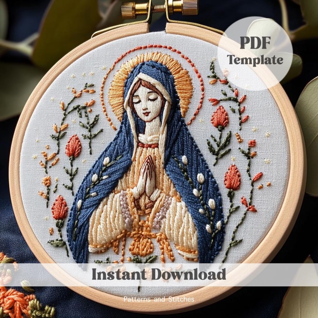 Virgin Mary Embroidery Pattern: Religious Hand Stitching Design ...