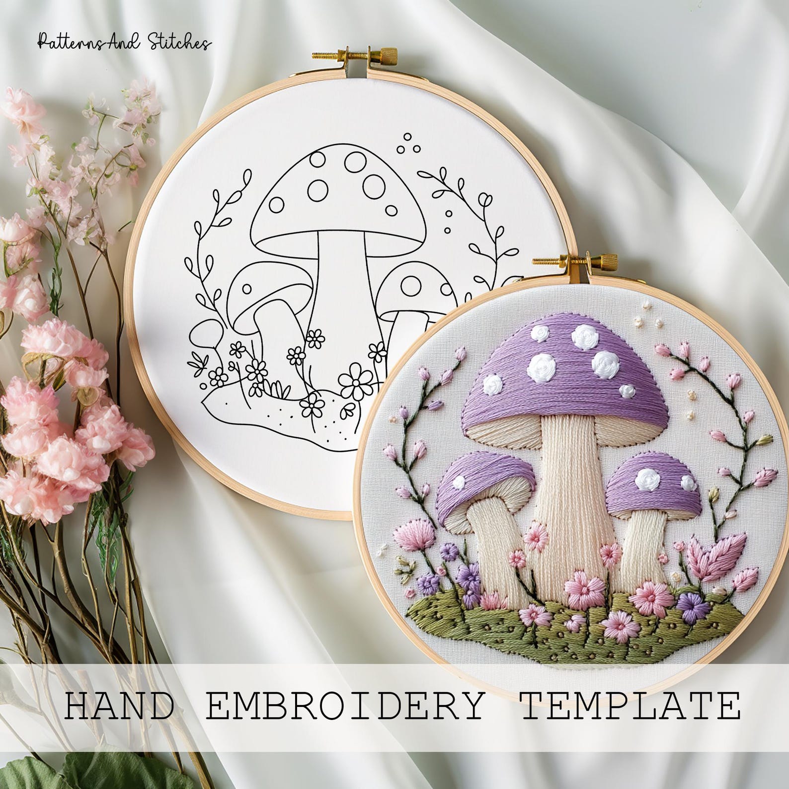 Purple Mushroom Embroidery Pattern, Pastel Forest Fungi Hoop Art ...