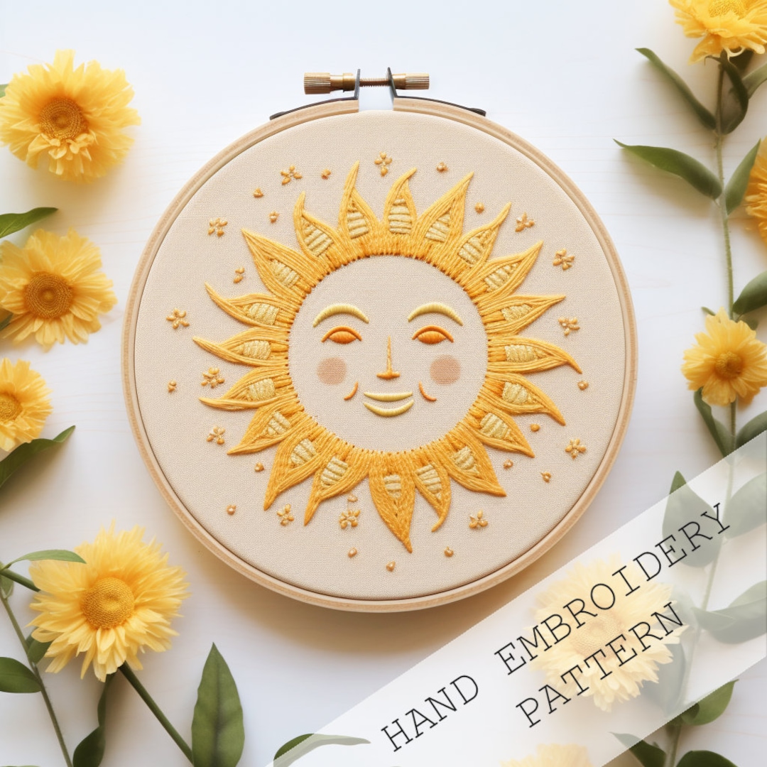 Sun King Embroidery Pattern, Embroidery Hoop Art, Sun Face, Smile Sun ...