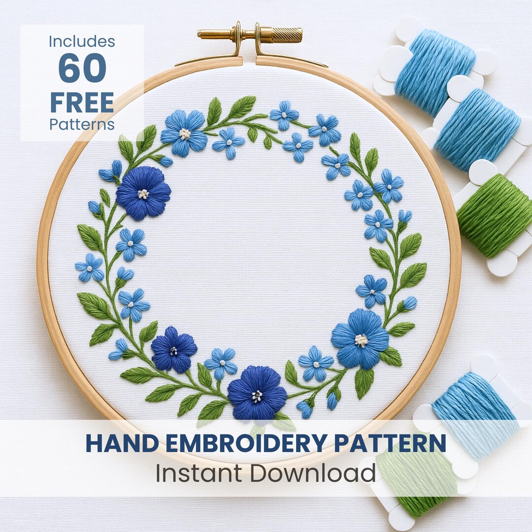 Bluebells Wreath Embroidery Template: Floral Frame DIY Decor (instant ...