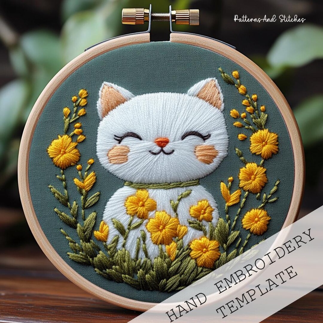 Kitty Cat Embroidery Pattern: Floral Hand Stitch Design, Needlecraft ...