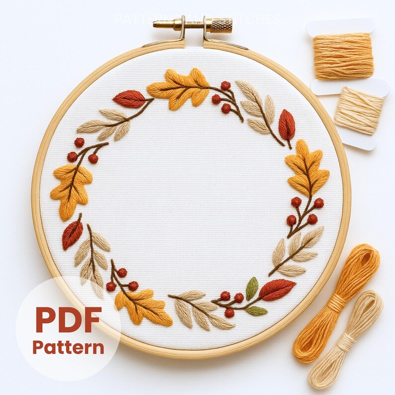 Autumn Wreath Embroidery Pattern: Harvest Leaves, Fall Ornament (PDF ...