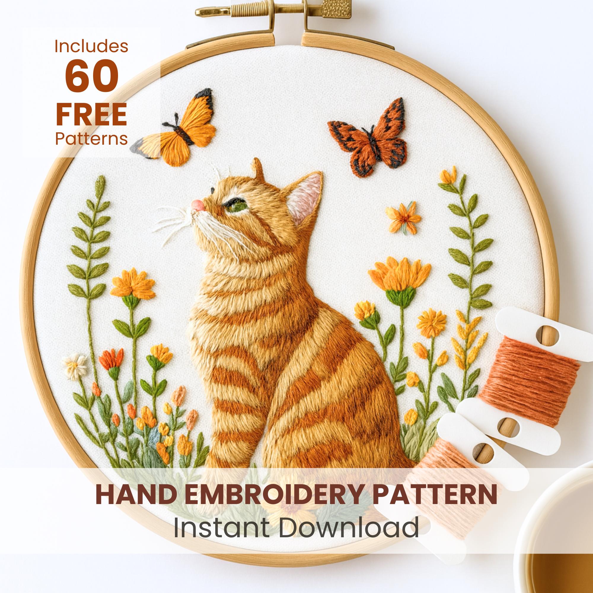 Cat and Butterflies Embroidery Pattern: Spring Garden DIY, 6 Sizes (PDF ...