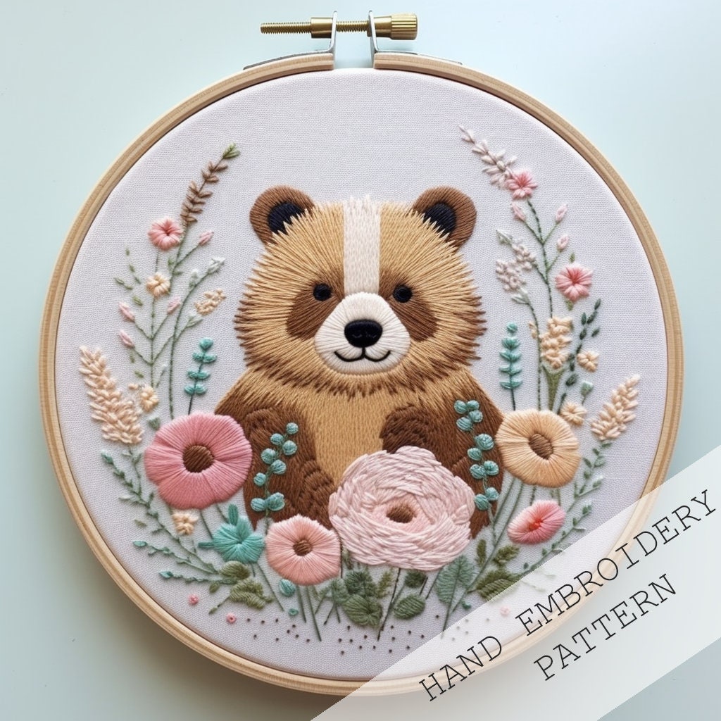 Bear Floral Embroidery Pattern, Beginner Hand Stitch (PDF) - Etsy