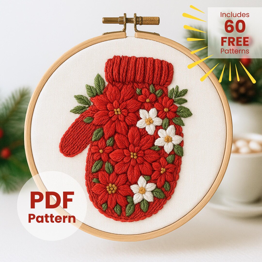Floral Mitten Embroidery Pattern, Christmas Motif, Easy Craft (PDF ...