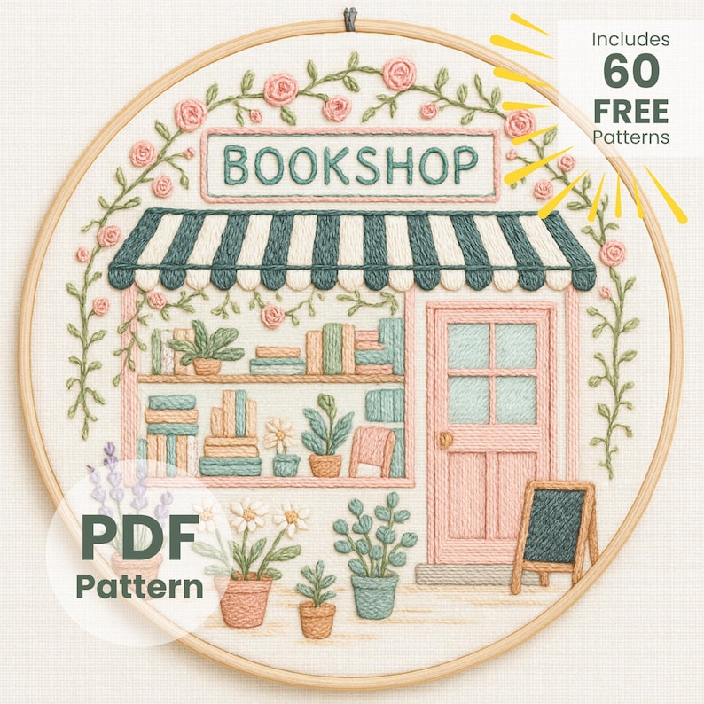 Bookstore Hand Embroidery Pattern: Whimsical Literary Scene (PDF Pattern, 6 Sizes) - Etsy