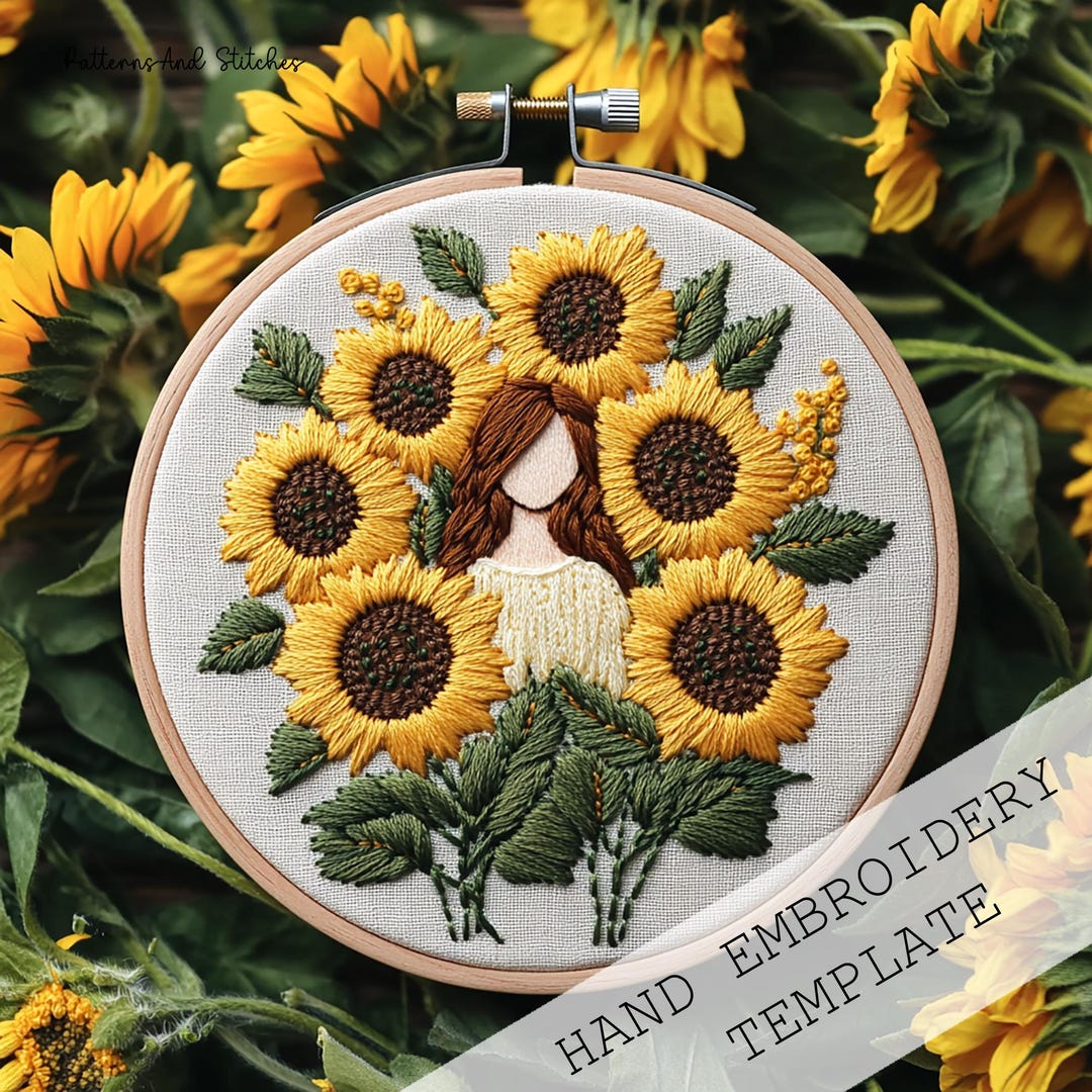Sunflower and Girl Embroidery Pattern, Floral Woman Hand Embroidery ...