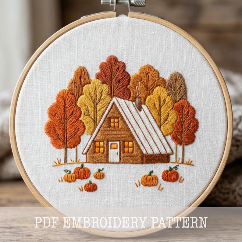 Autumn Cabin Embroidery PDF Pattern Digital Download Fall Trees Hoop ...