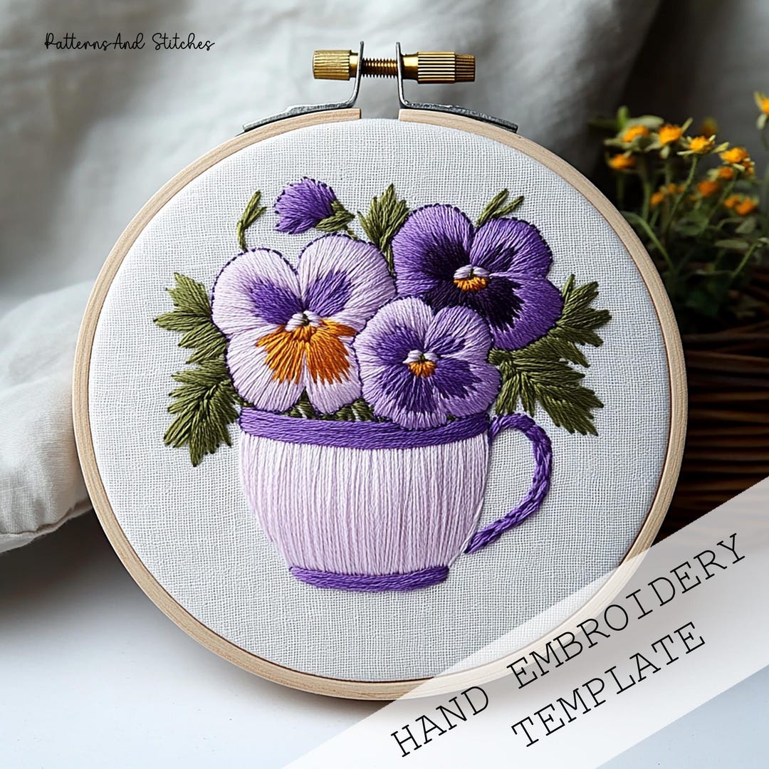 Purple Pansy Flower Embroidery Pattern, Teacup Bouquet, Hoop Art, PDF ...
