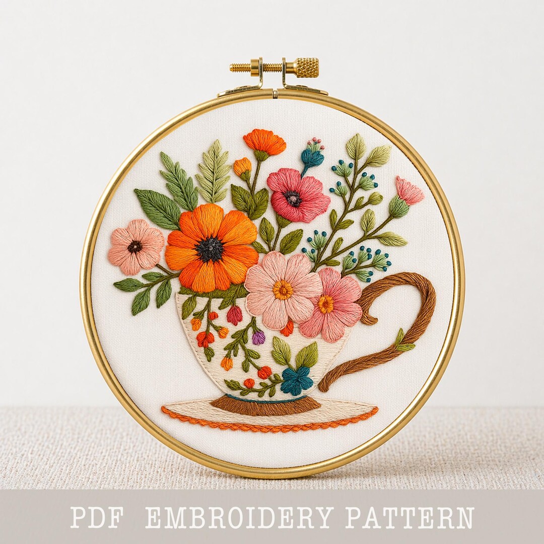 Tea Cup Floral Embroidery Pattern: Beginner Friendly Hoop Art, Cottage ...