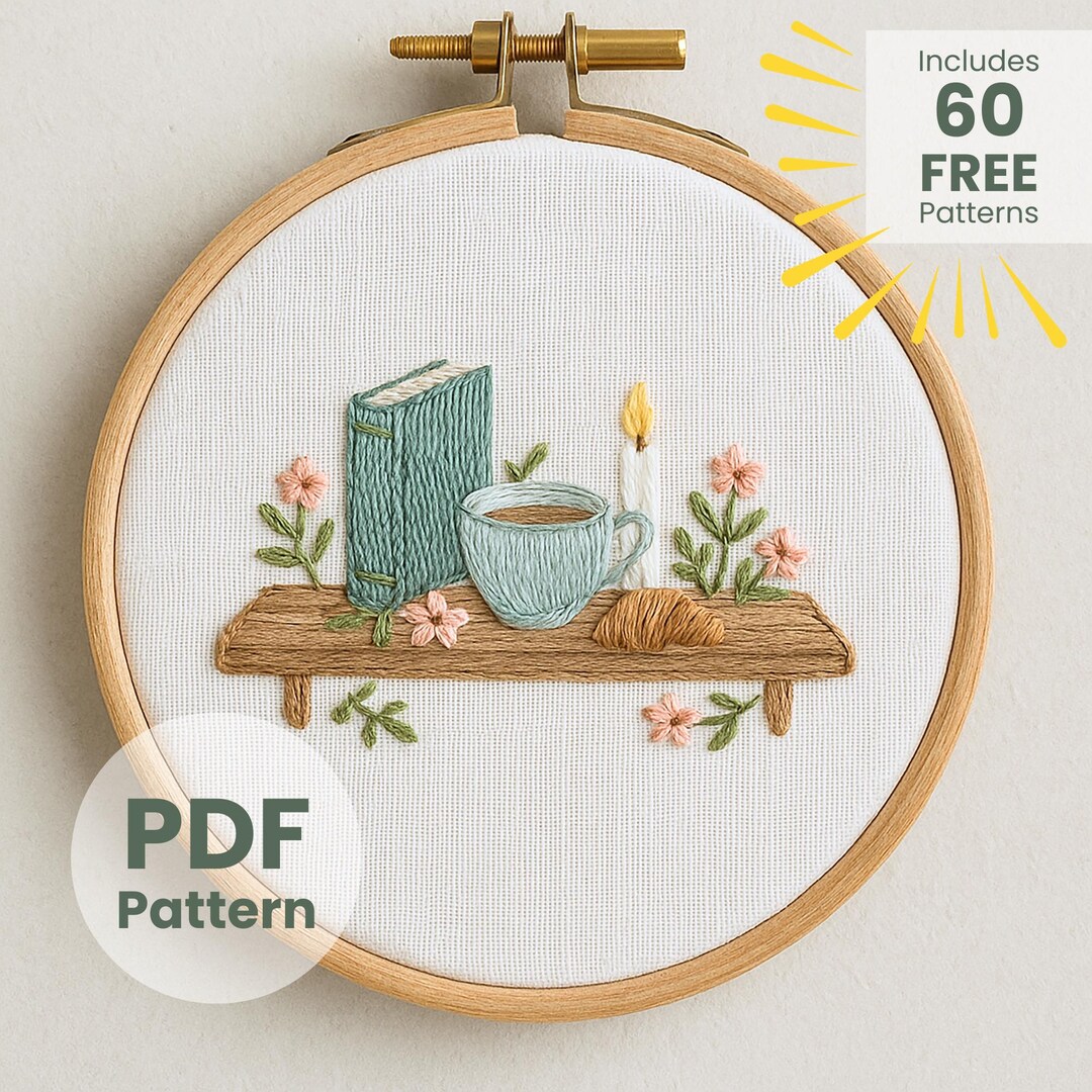 Cozy Book Shelf Embroidery Pattern: Coffee Candle Hoop Art (PDF ...