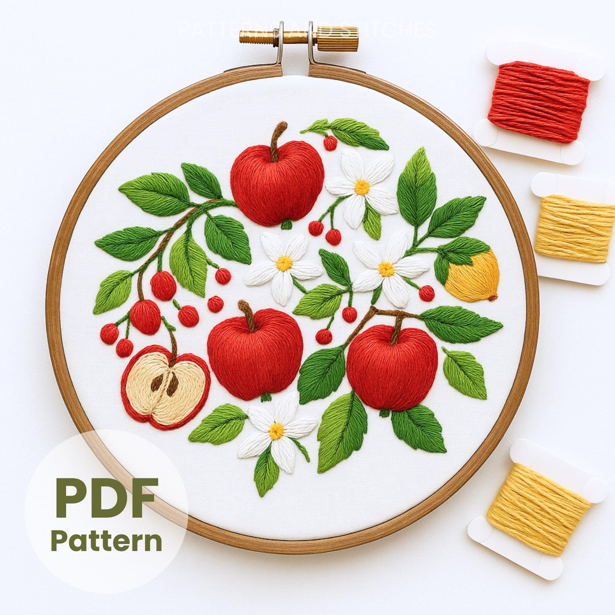 Apples Hand Embroidery Pattern: Autumn Floral DIY Hoop Art, Kitchen ...