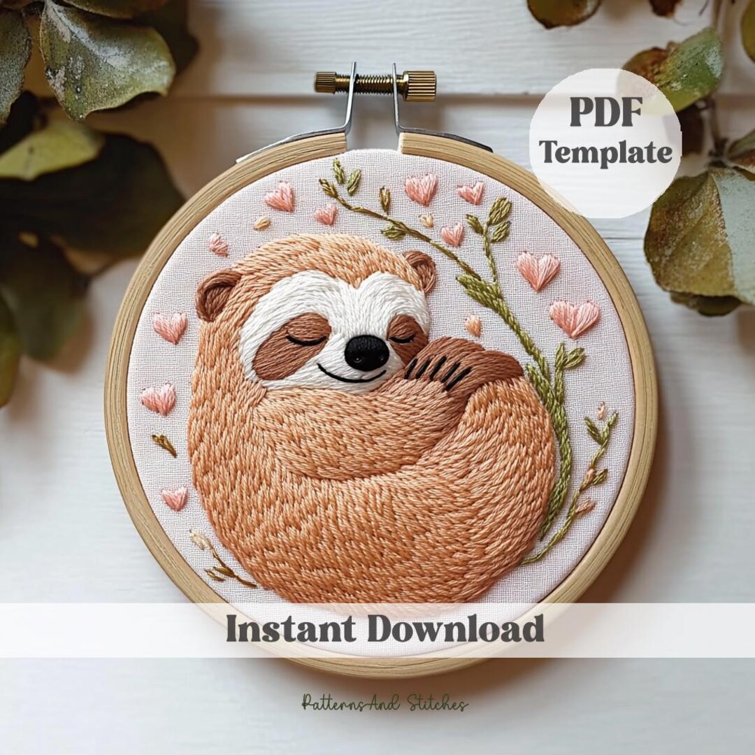 Whimsical Sloth Embroidery Pattern: DIY Jungle Hoop Art, Nursery Decor ...