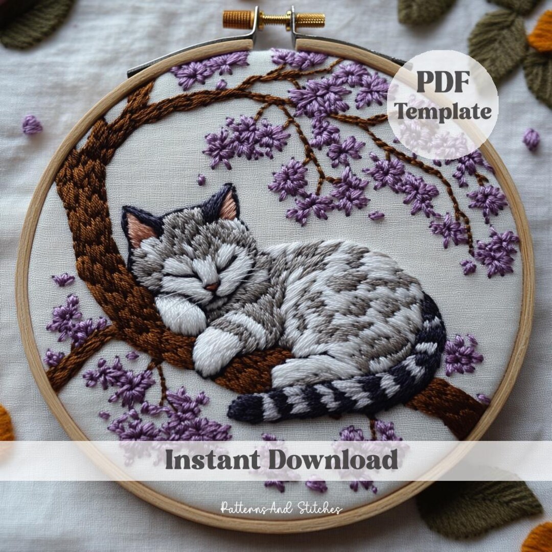 Sleeping Cat Embroidery, PDF Pattern Template, Digital Stitching File ...