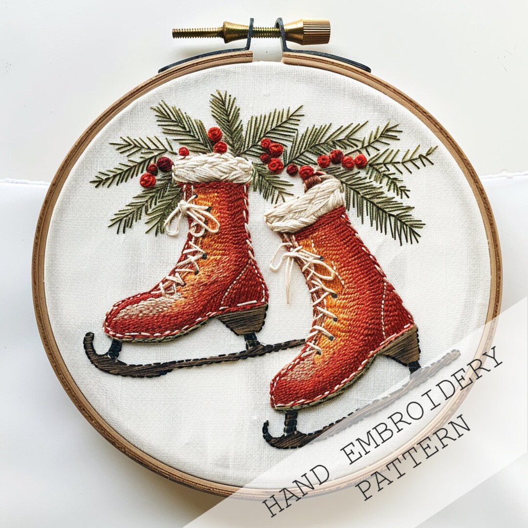 Red Floral Ice Skates Embroidery, DIY Winter Activity PDF Pattern ...