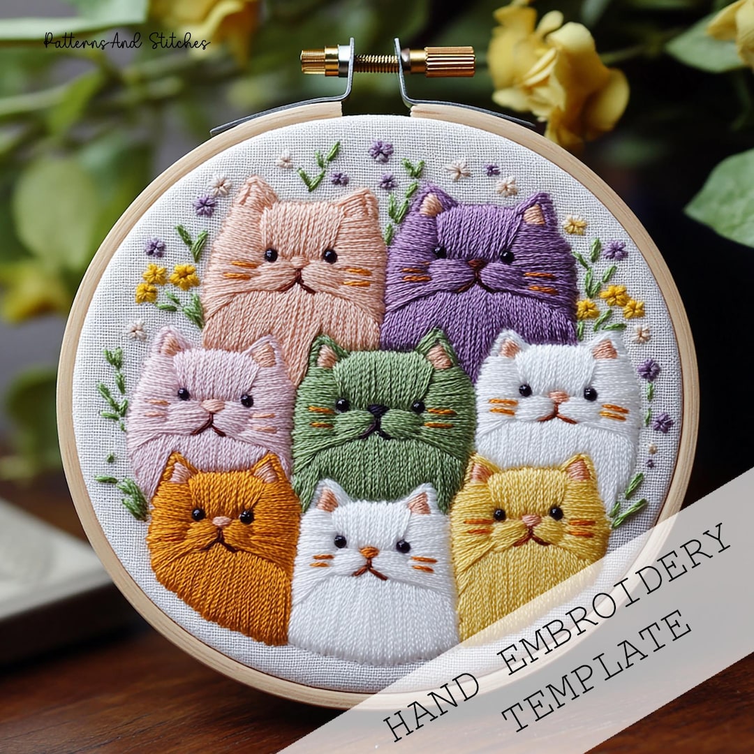 Colorful Cats Embroidery Pattern: Whimsical Needlework Design (digital ...