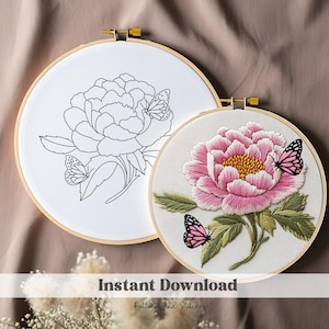 Peony Hand Embroidery Pattern: Rustic Floral Stitching (PDF) - Etsy