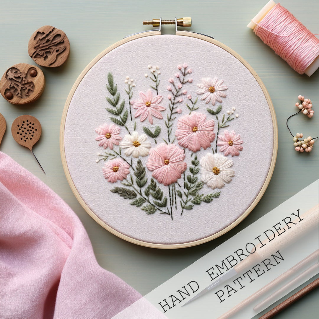 Pink Flowers Embroidery, Hand Embroidery Pattern, Floral Embroidery ...