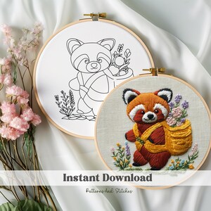 Red Panda Hand Embroidery, PDF Pattern Template, Digital Stitching File ...