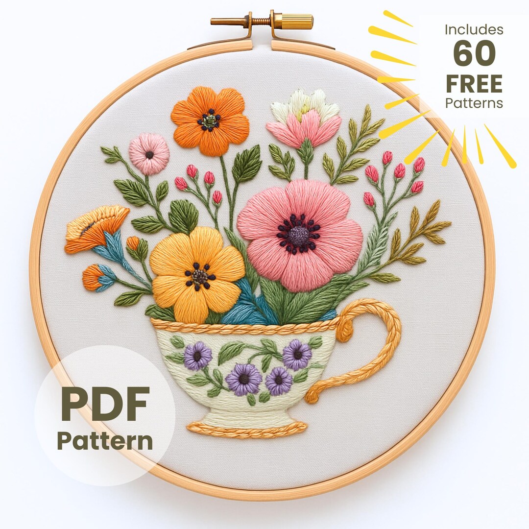 Tea Cup Floral Embroidery Pattern: Beginner Friendly Hoop Art (PDF ...
