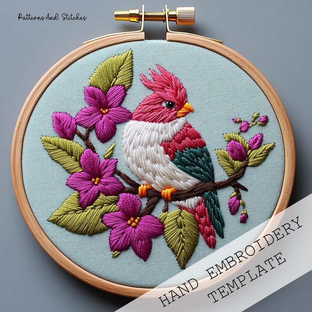 Tropical Hand Embroidery Pattern, Floral Pattern, Colorful Bird ...
