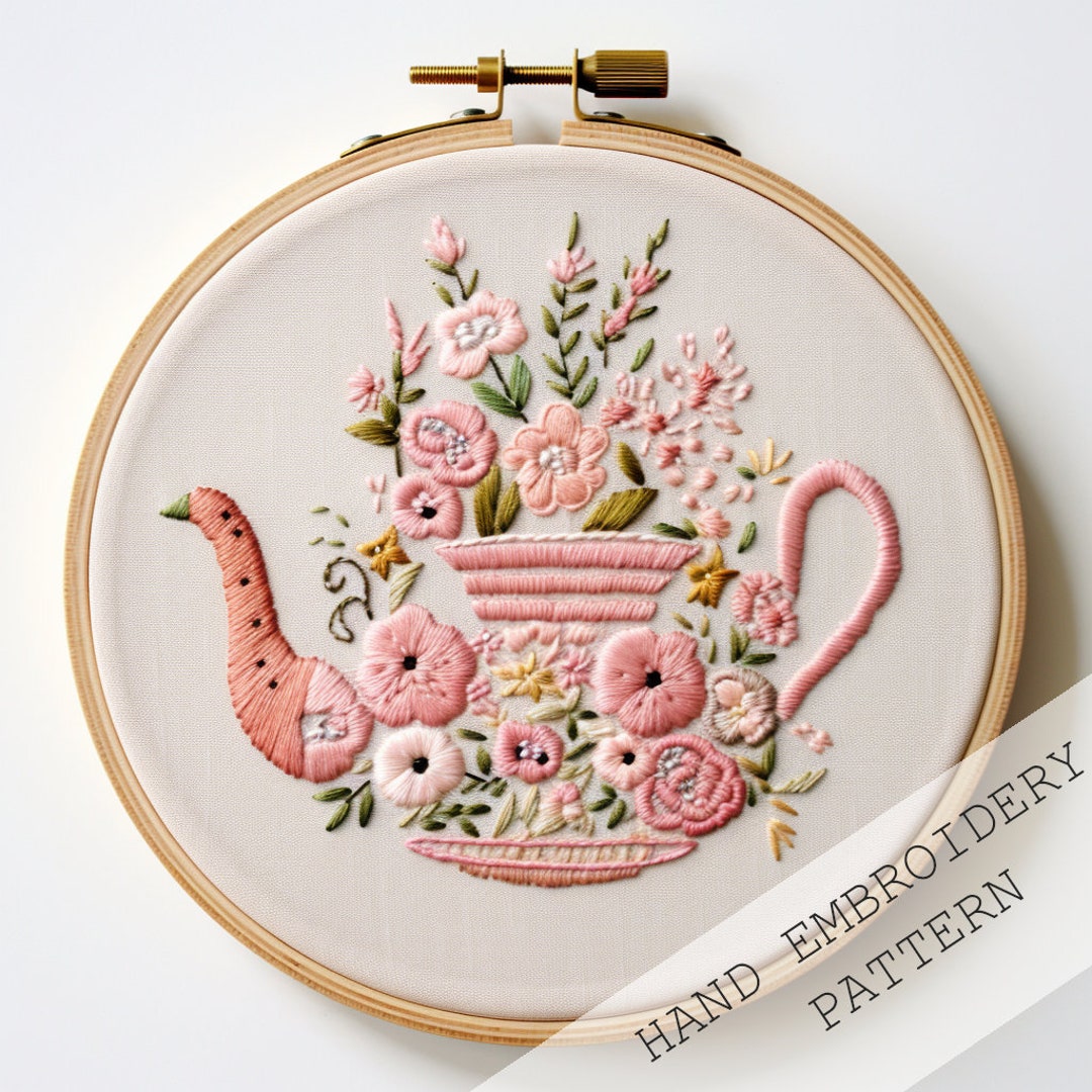 Teapot Blooms Embroidery, Floral Tea Embroidery, Teapot Floral Art ...