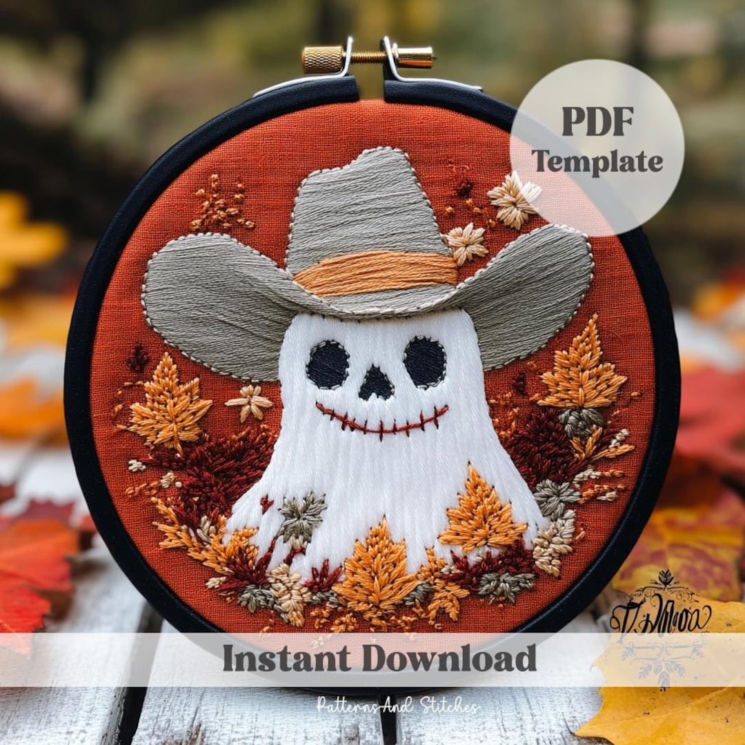 Retro Cowboy Ghost Hand Embroidery, Autumn Crafts, Cute Ghost Pattern ...