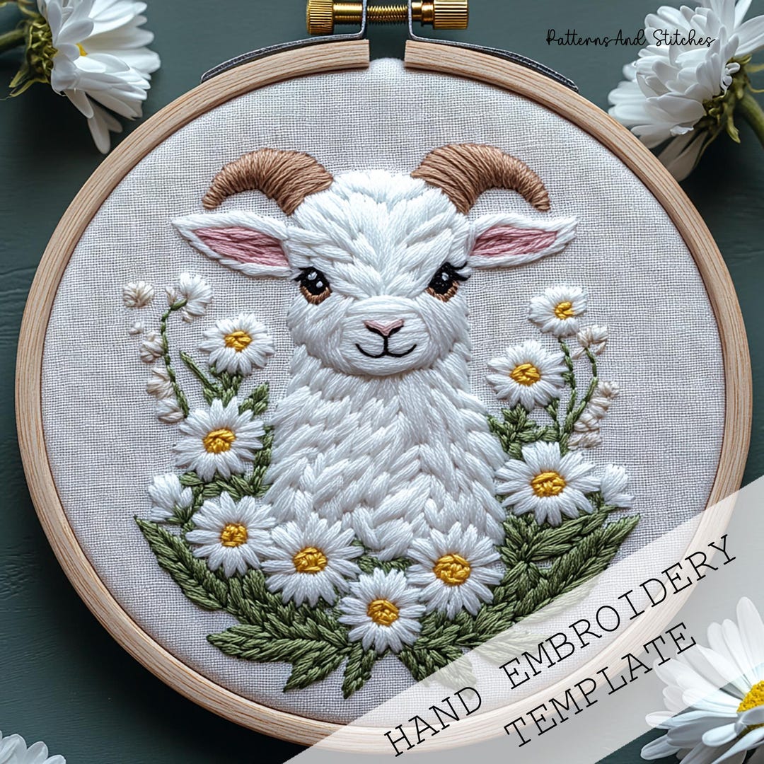 Baby Goat Embroidery Pattern, Floral Goat Pattern, Cute Goat Pattern ...