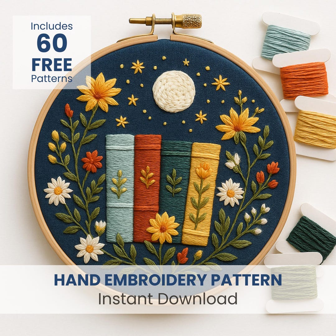 Magical Books Hand Embroidery Pattern: Floral Bookshelf Design (PDF ...