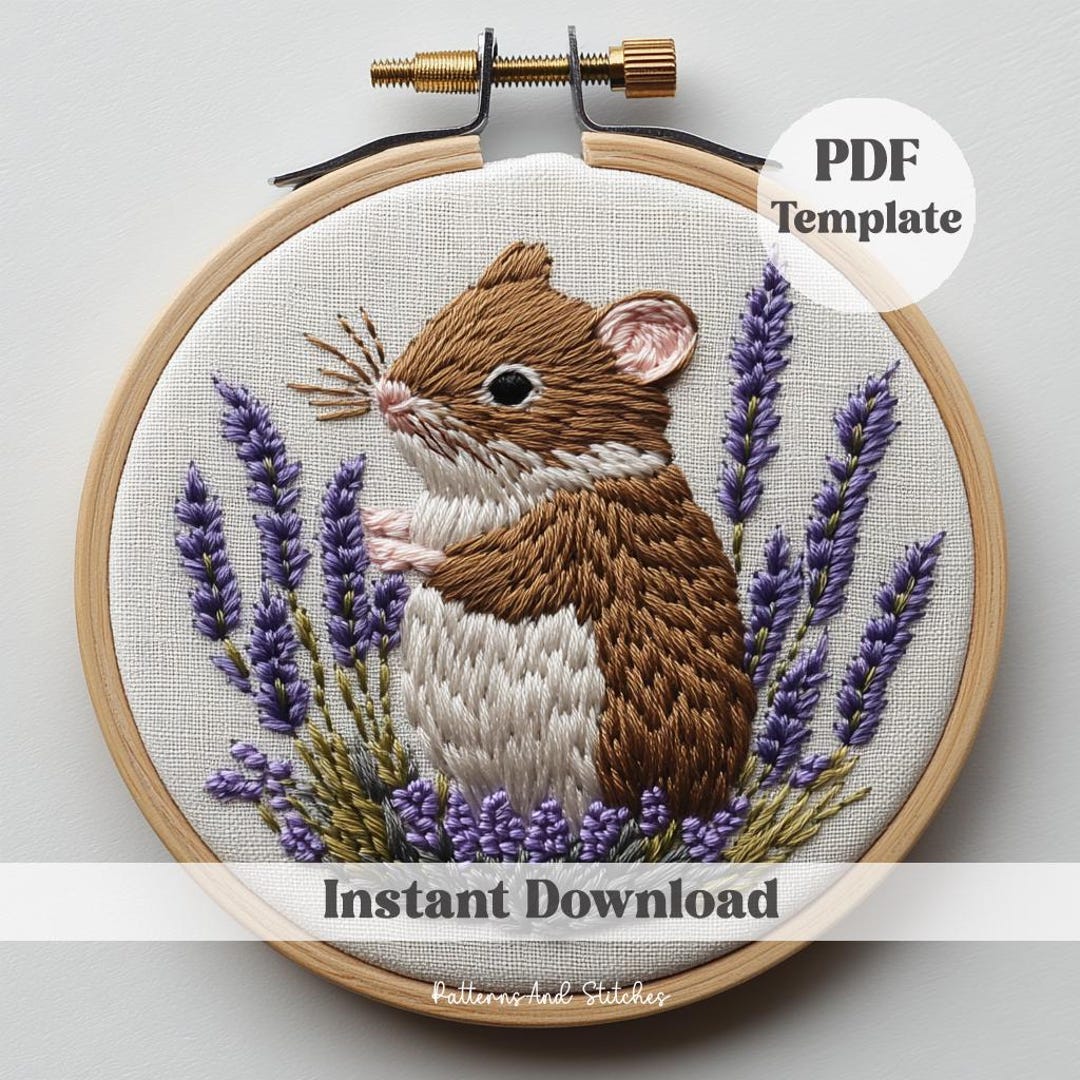 Mouse and Lavender Embroidery Pattern: Spring Wildflower Design, DIY ...