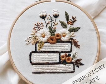 Books and Flowers Embroidery Template, Book Lover Gift, Books With ...
