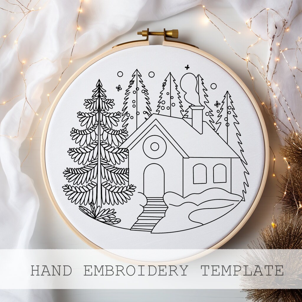 Winter Log Cabin Embroidery Pattern: Christmas Landscape, Printable ...